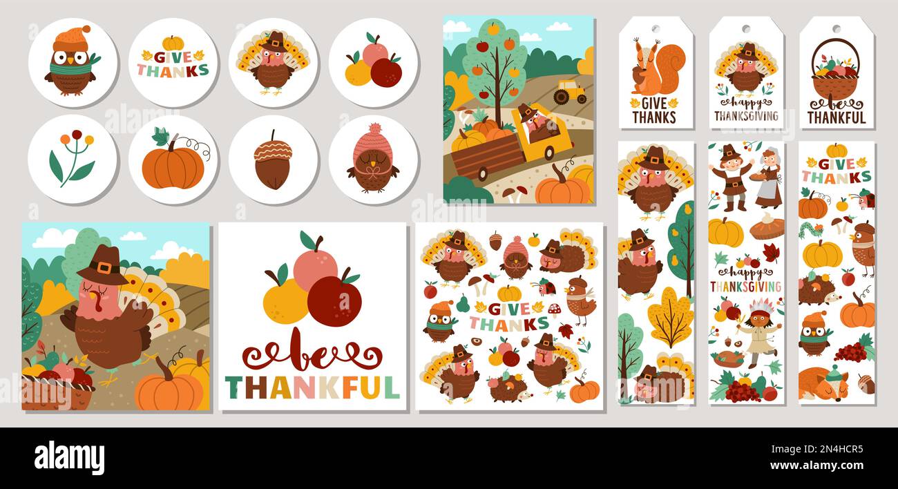Cute set of Thanksgiving cards with turkey, forest animals, harvest ...