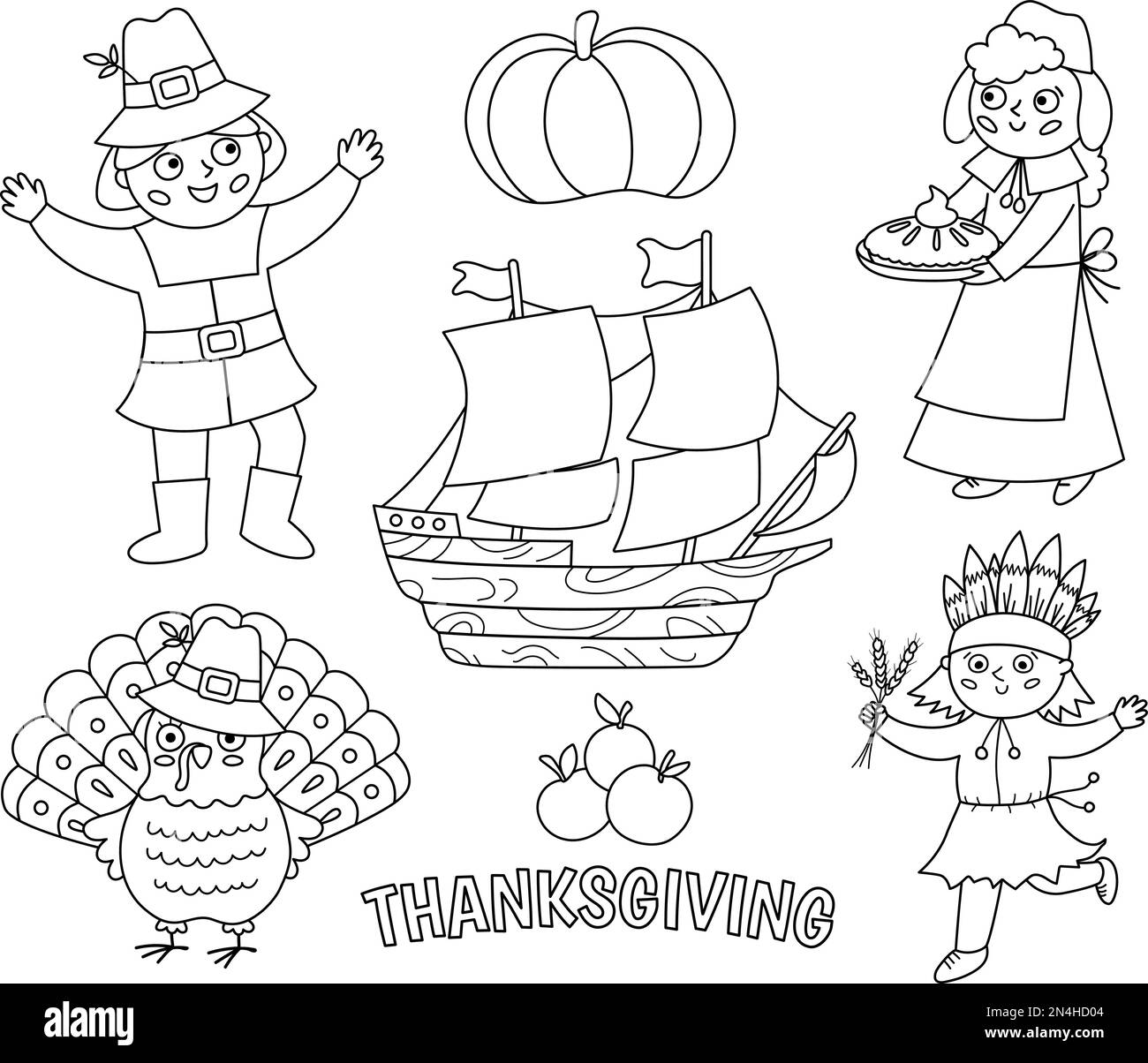 Black And White Thanksgiving Day Characters Set Vector Autumn Line Icons Collection With