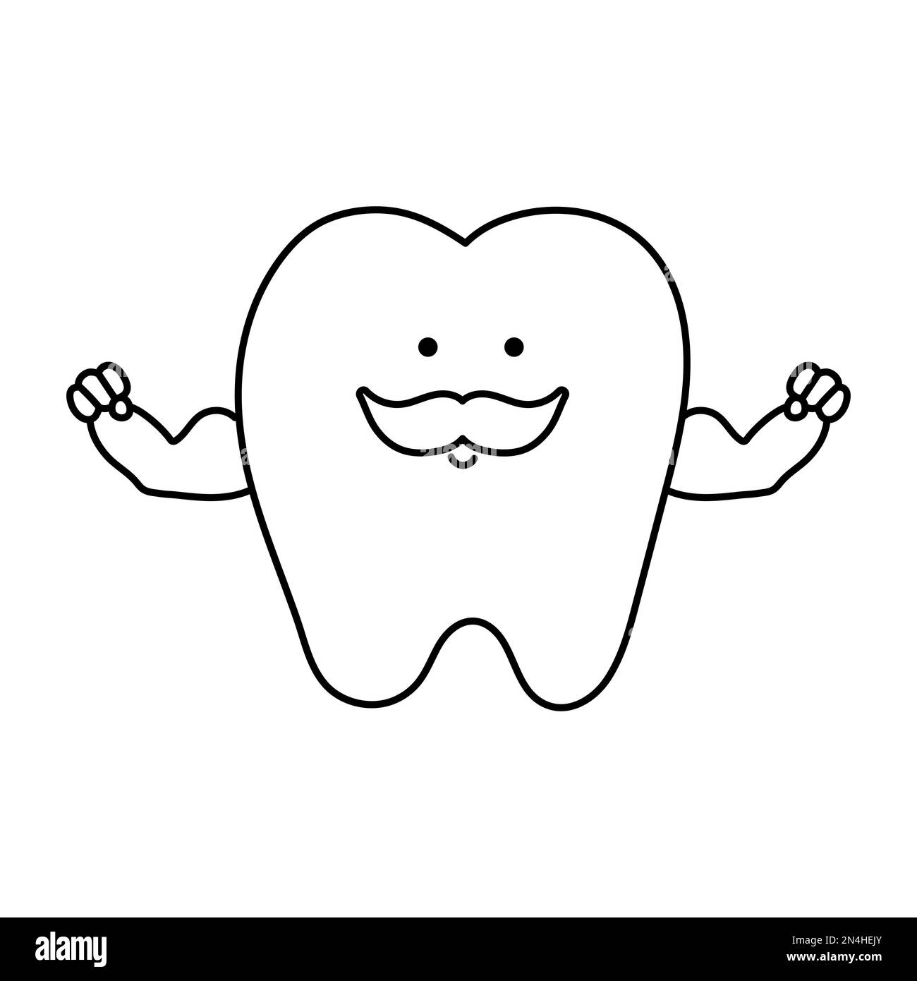 Black and white kawaii strong tooth with muscles. Vector teeth line ...