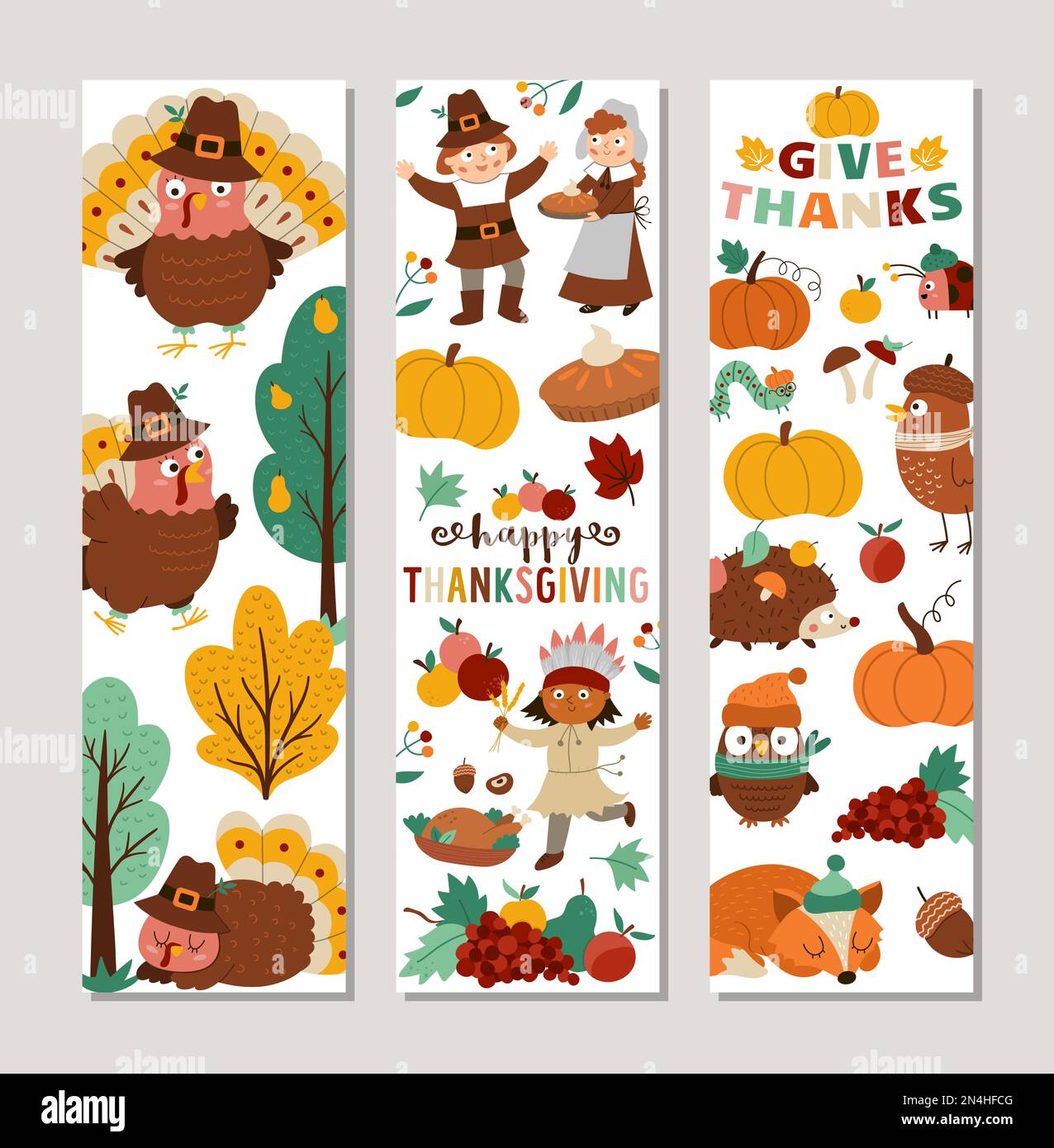 Cute set of Thanksgiving vertical cards with turkey, forest animals ...