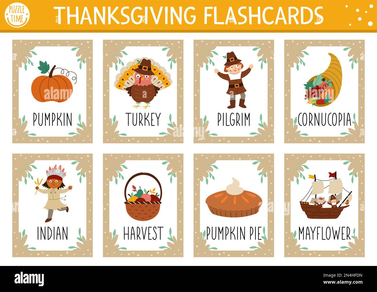 Vector Thanksgiving flash cards set. English language game with cute ...