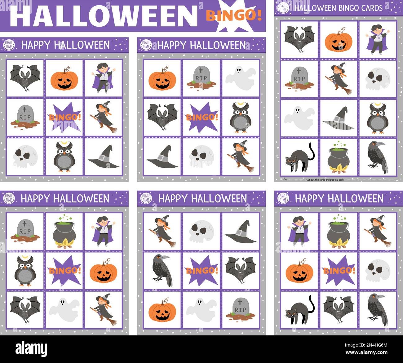 Vector Halloween bingo cards set. Fun family lotto board game with cute ...