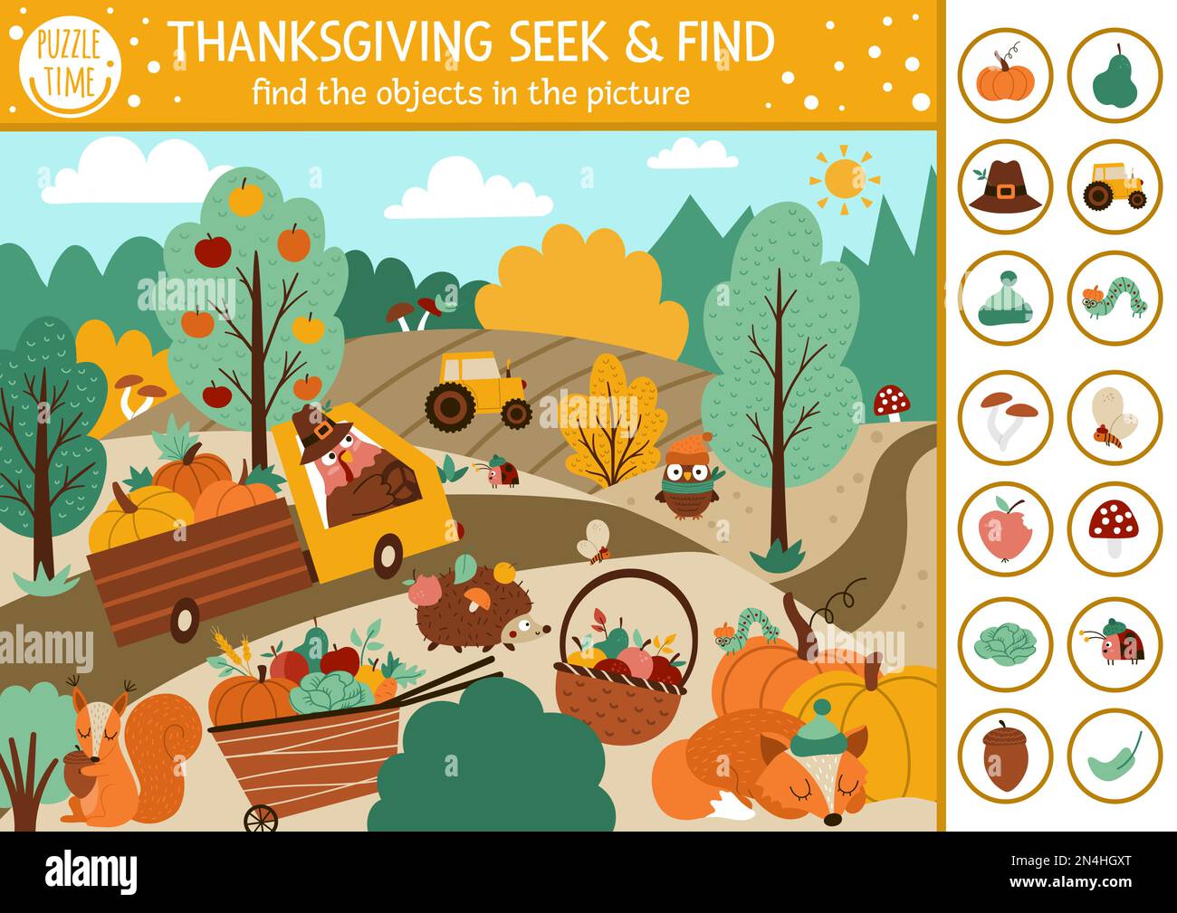 Vector Thanksgiving searching game with cute animals in the farm field ...