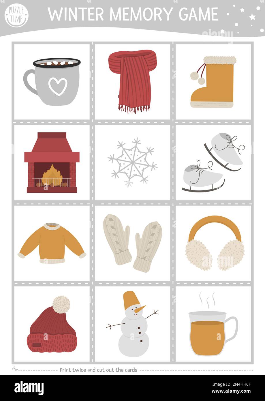 Winter memory game cards with cute season objects. Matching activity ...