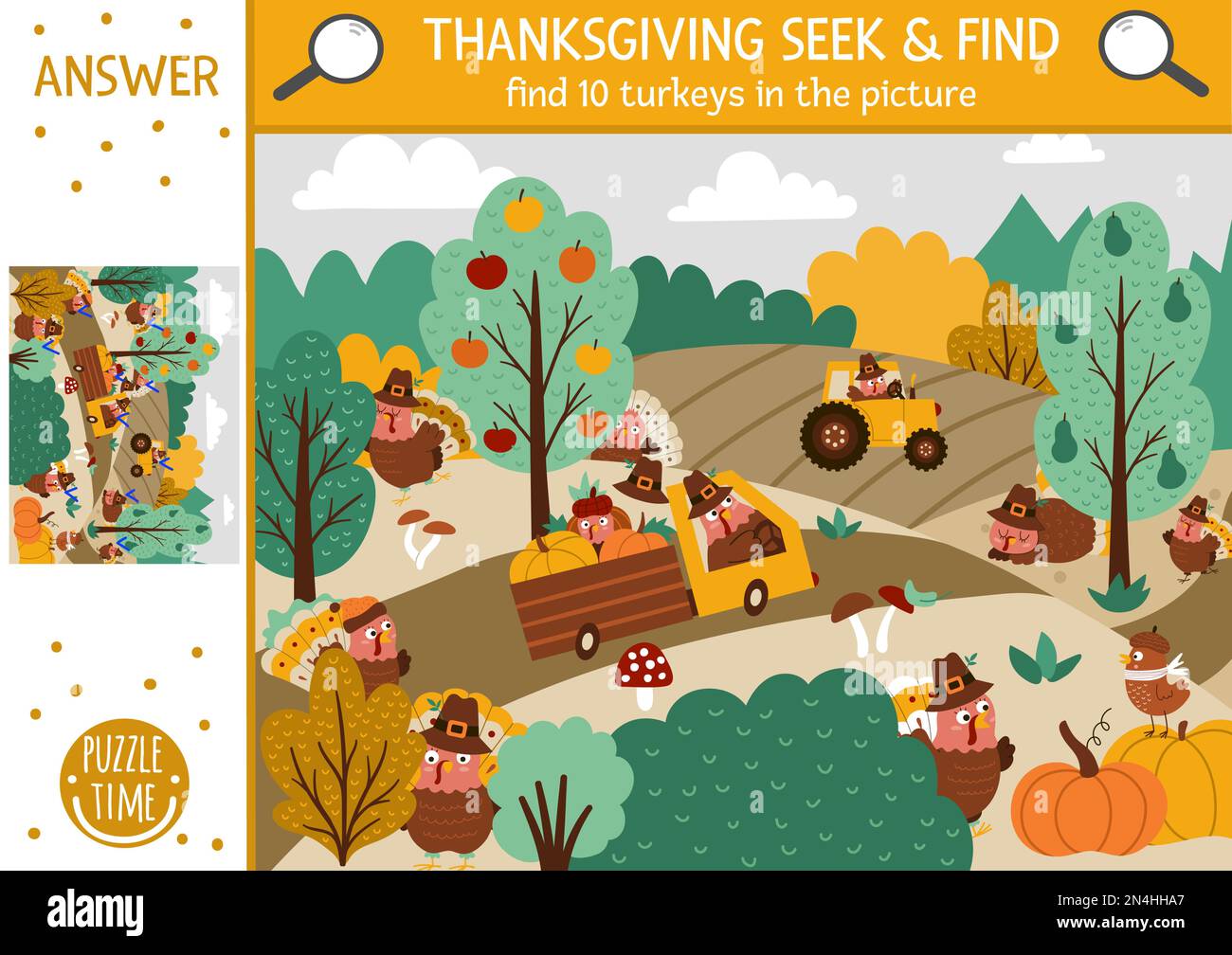 Vector Thanksgiving searching game with cute turkeys in the farm field ...