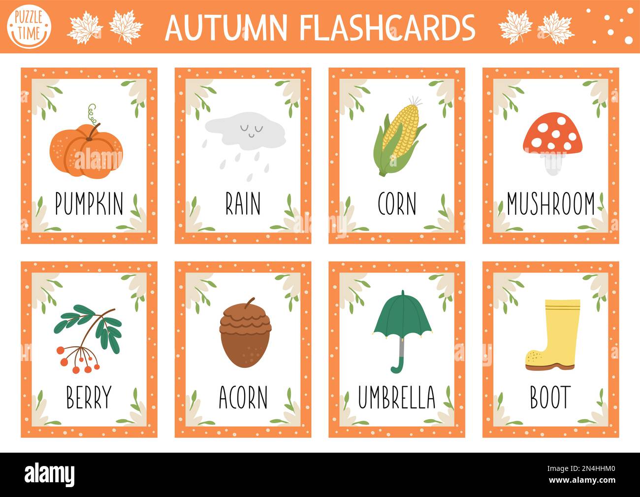 Vector Autumn flash cards set. English language game with cute pumpkin ...