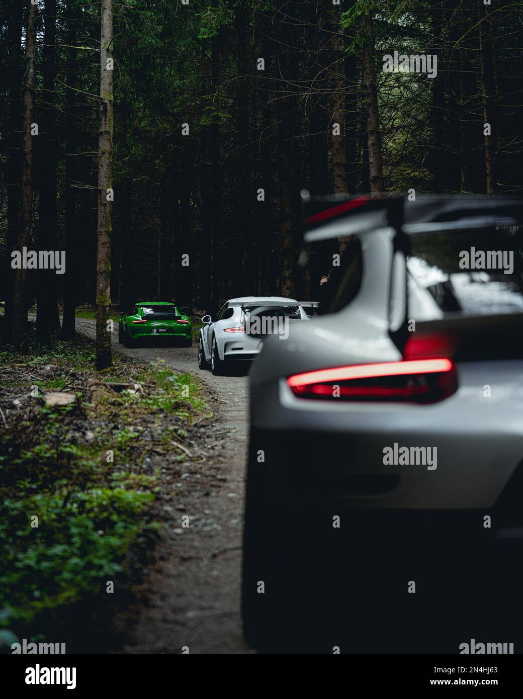 A vertical back view of three line-up Porsche cars Stock Photo - Alamy