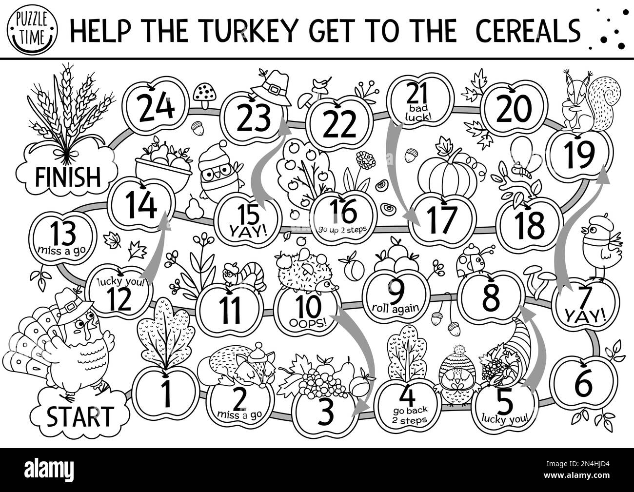 Thanksgiving Day black and white dice board game with cute turkey and ...