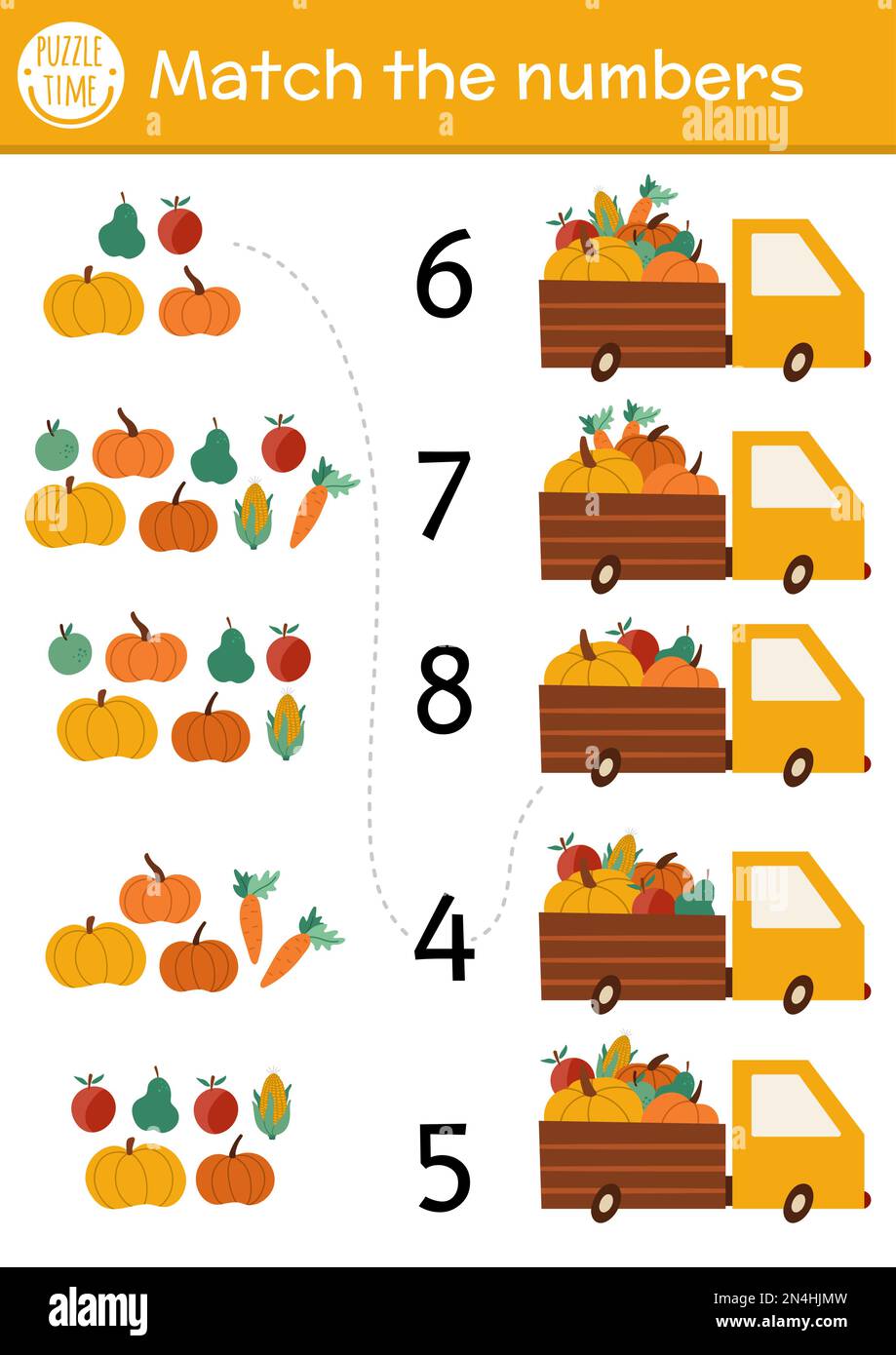 Match the numbers game with van and harvest. Autumn farm math activity ...