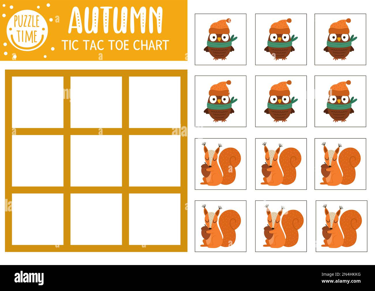 Vector autumn forest tic tac toe chart with cute owl and squirrel ...
