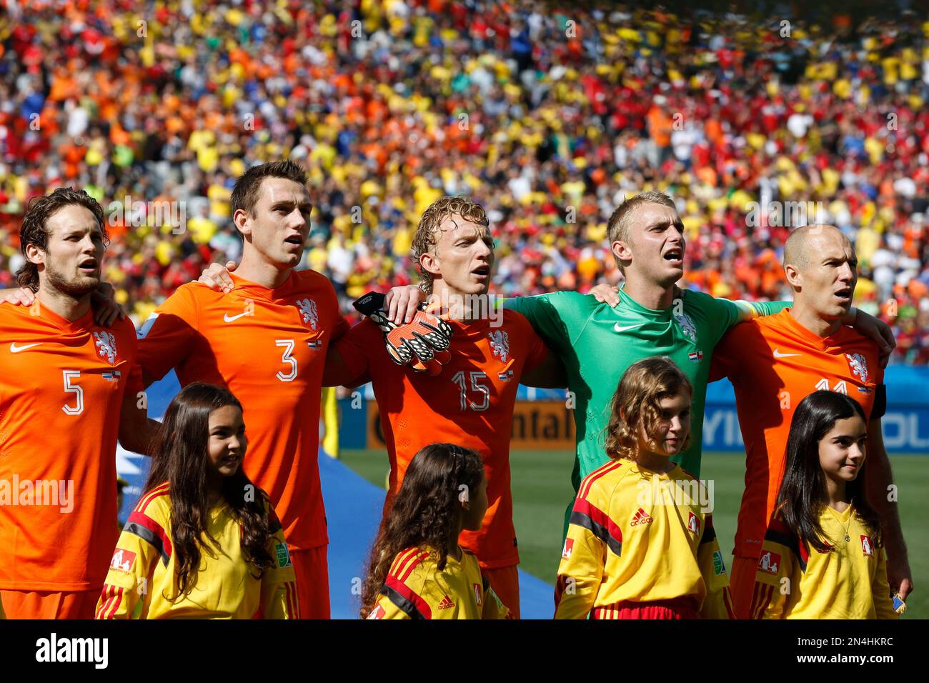 Netherlands' Daley Blind, Stefan de Vrij, Dirk Kuyt, goalkeeper Jasper ...