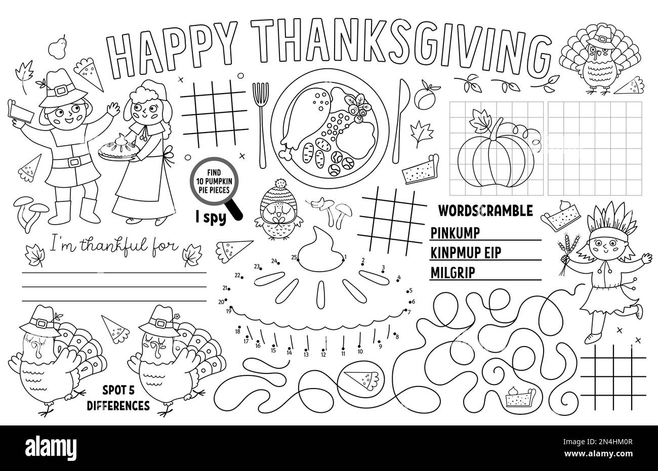 Vector Thanksgiving placemat for kids. Fall holiday printable activity ...