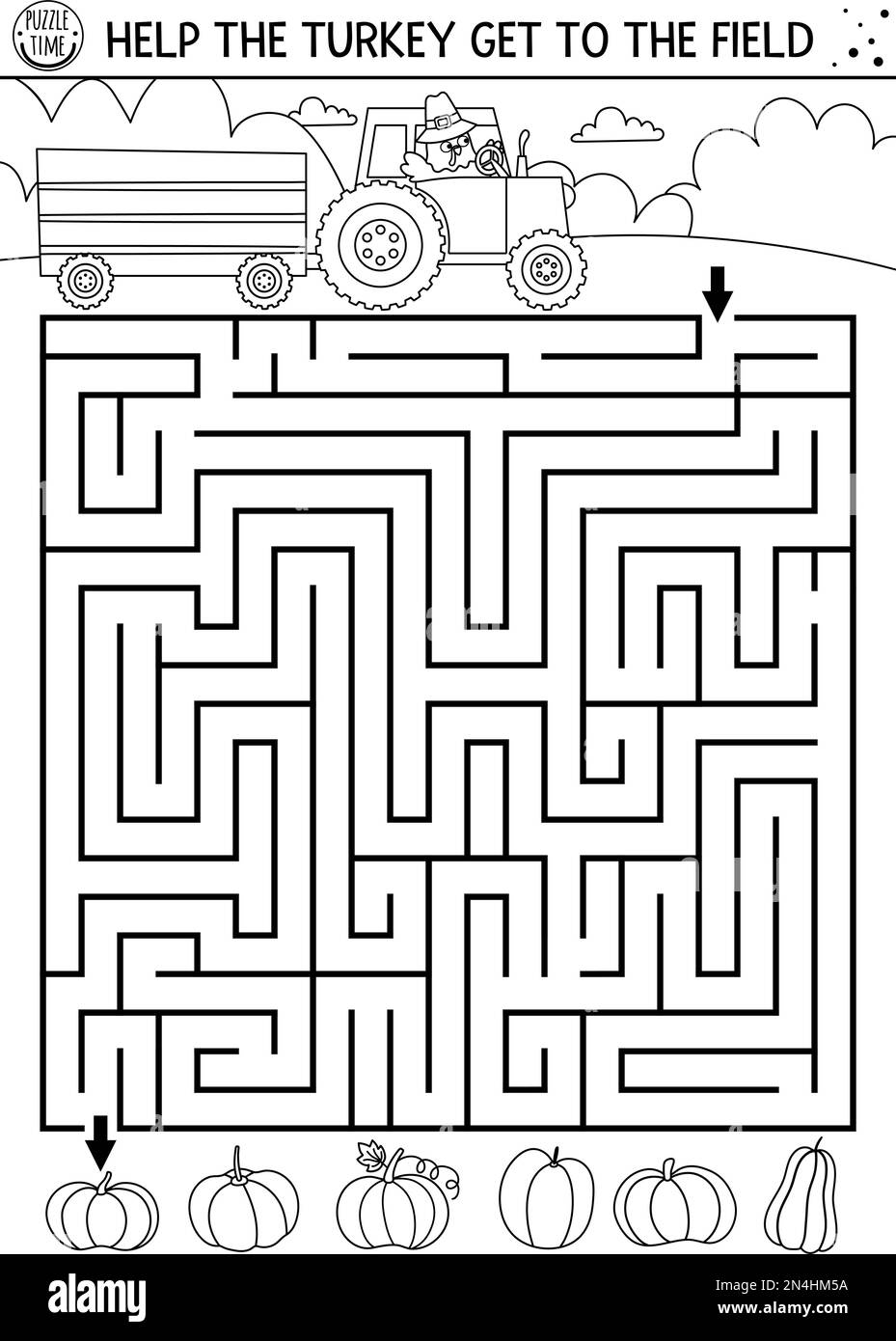 Thanksgiving Day black and white maze for children. Autumn holiday line ...