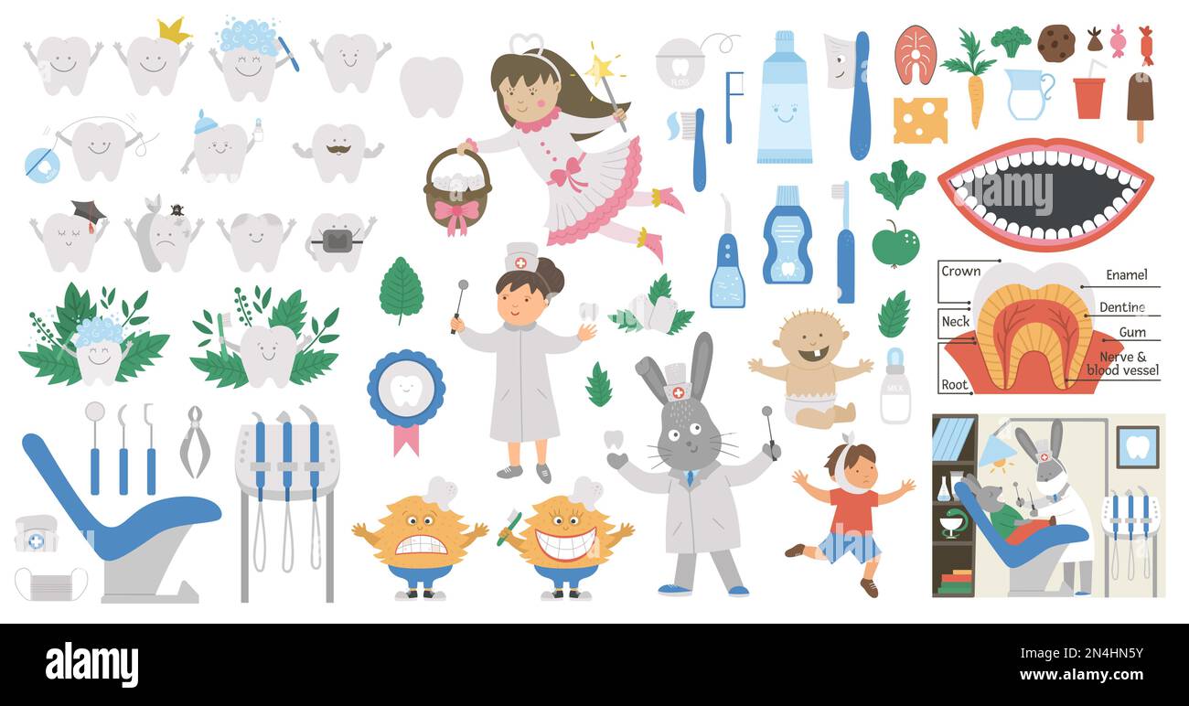Dental care vector set. Collection with Tooth fairy, smiling toothbrush ...
