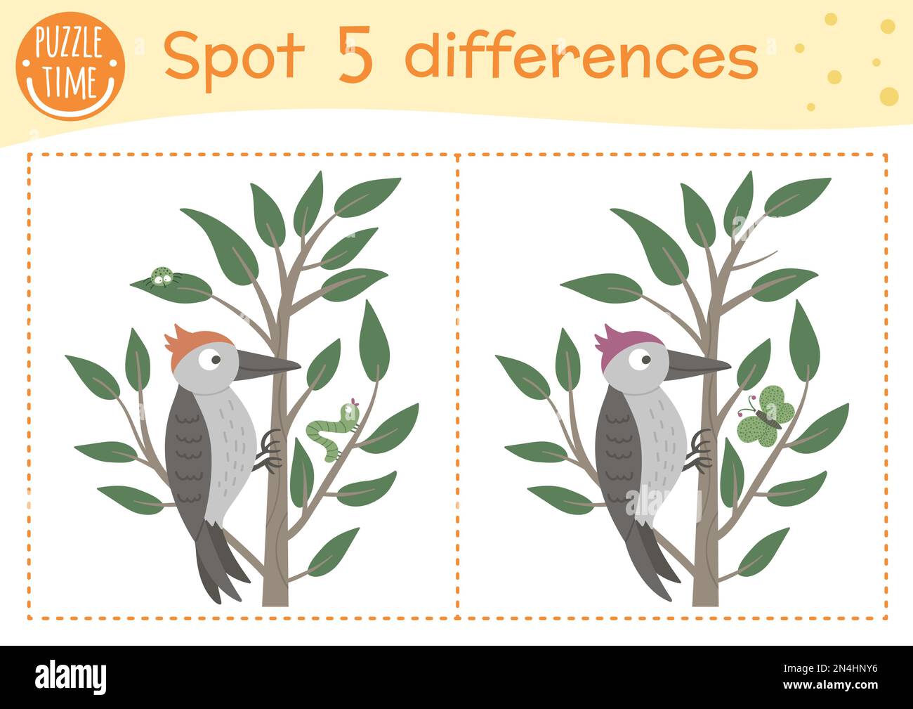 Forest find differences game for children. Preschool activity with bird ...