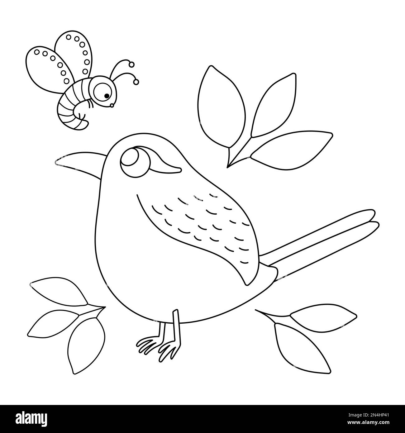 Vector black and white wren with leaves and insect. Funny woodland bird ...