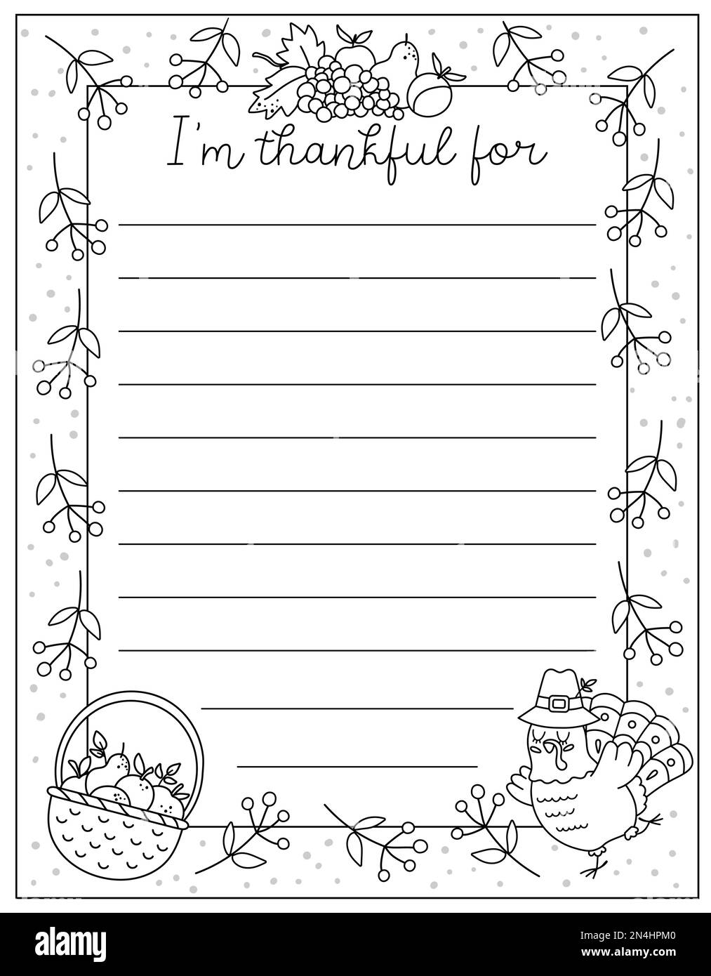 Vector black and white Thanksgiving card. Im thankful for line vertical ...