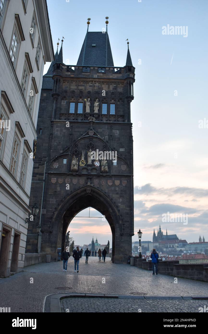 Prague, Czech Republic. Charles Bridge with its statuette, Lesser Town ...