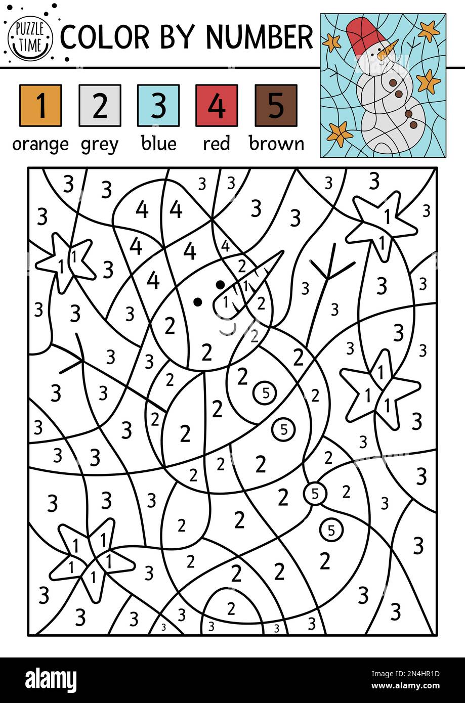 Vector Christmas color by number activity with snowman and stars ...