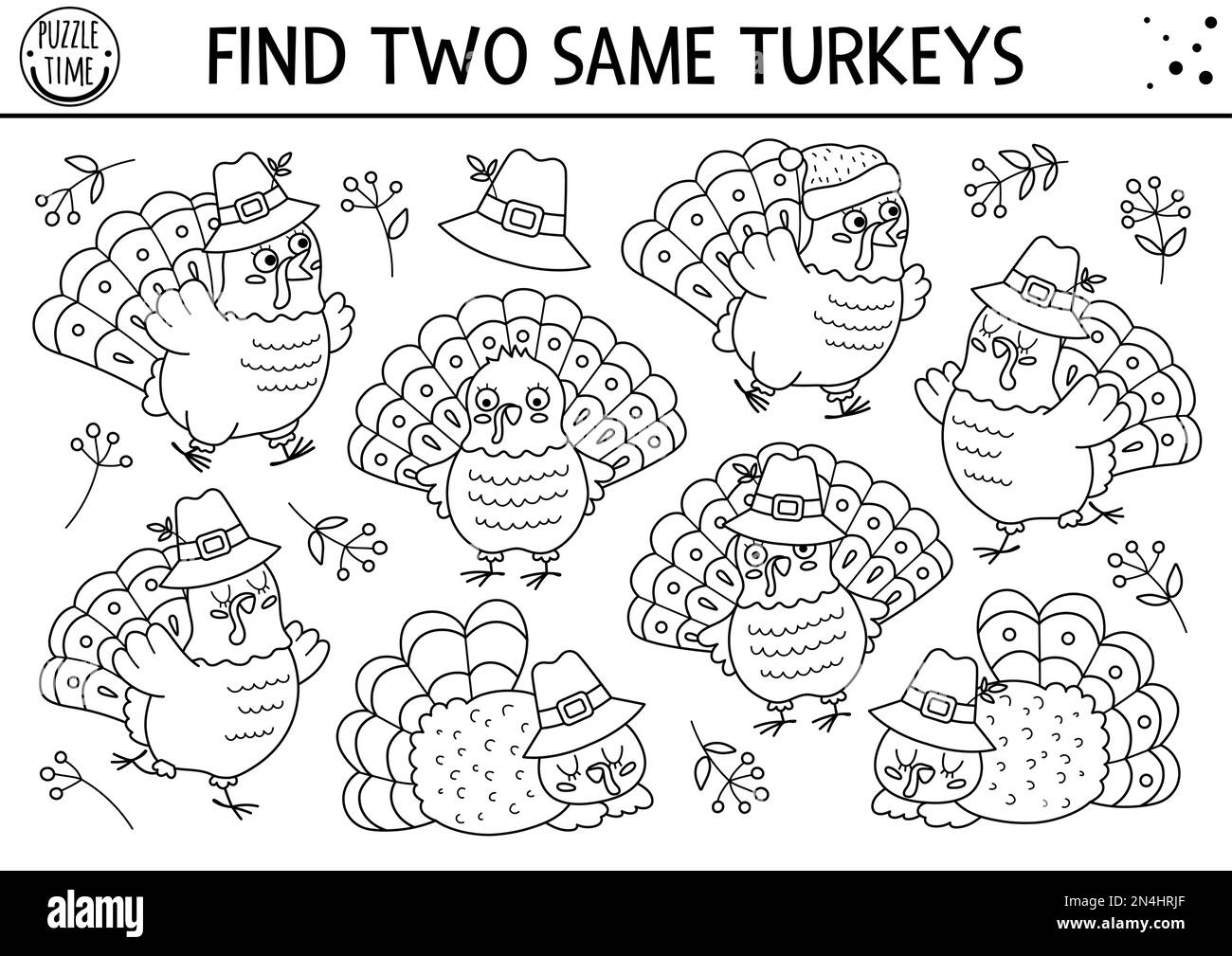 Find two same turkeys. Thanksgiving black and white matching activity ...