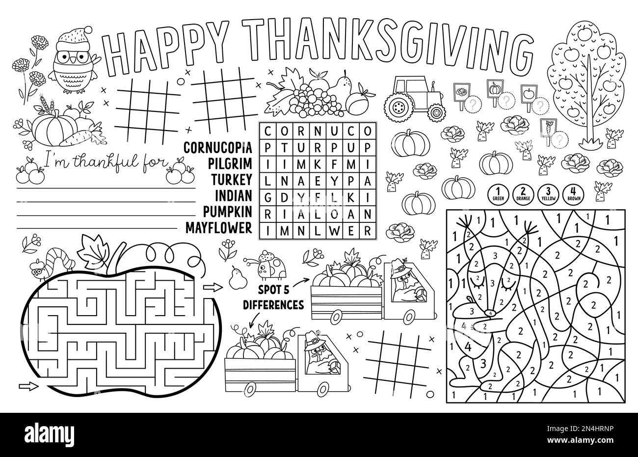 Vector Thanksgiving placemat for kids. Fall holiday printable activity ...