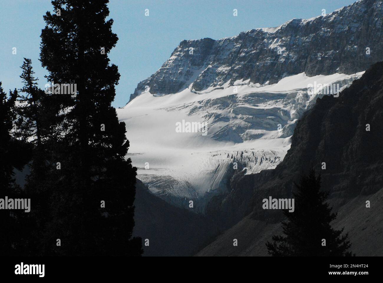 Panoramic landscape of a melting glacier in the mountains of Alberta ...