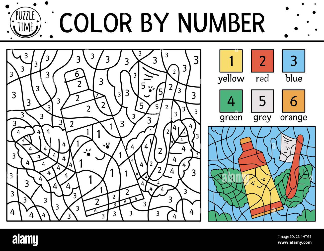 Vector dental care color by number activity with kawaii tooth brush and ...