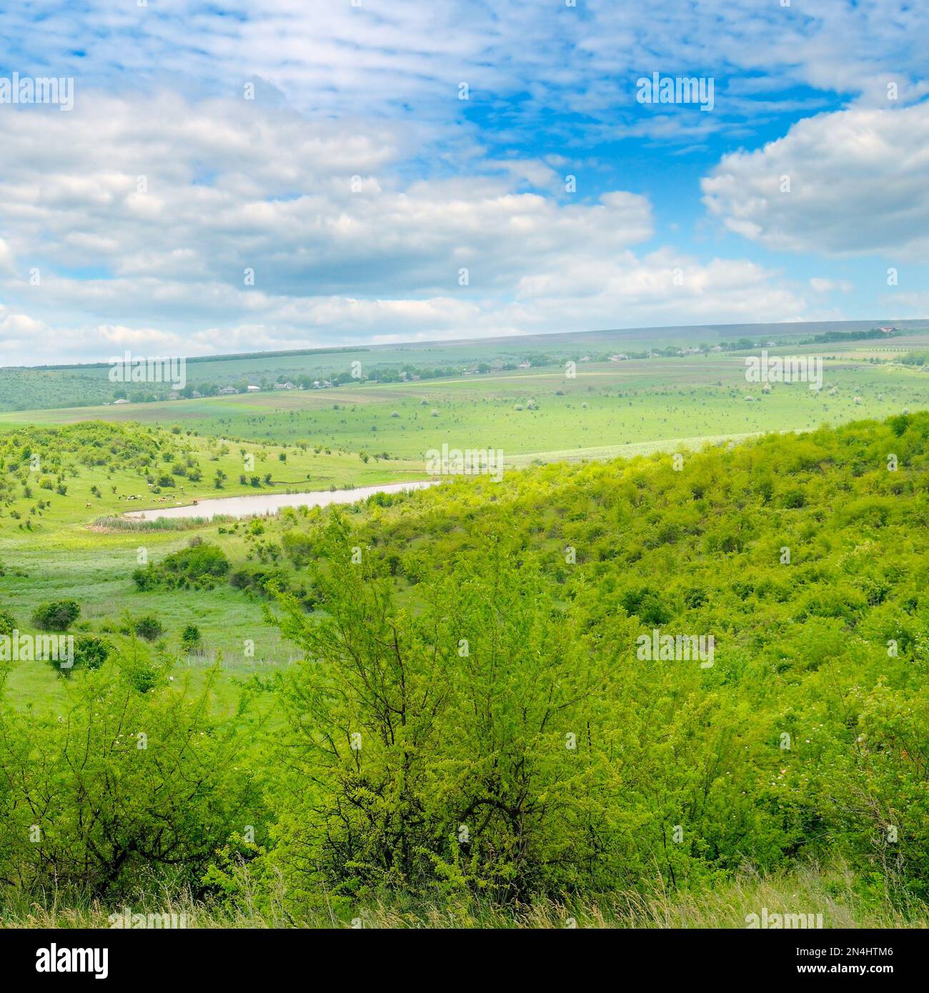 River valley with hills and terraces. On the slopes grow shrubs, trees ...