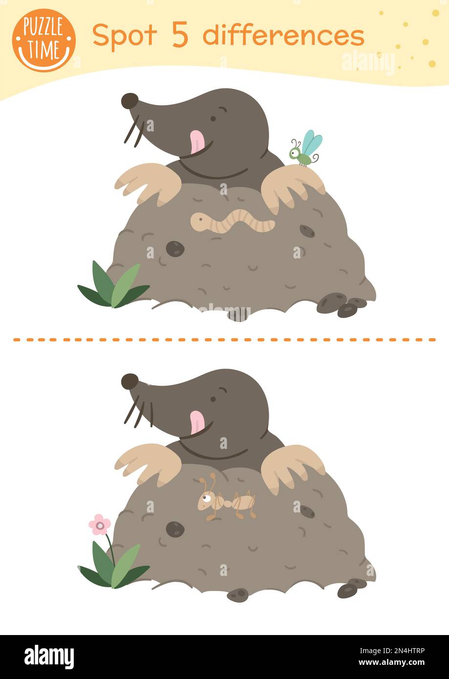 Forest find differences game for children. Preschool activity with mole ...