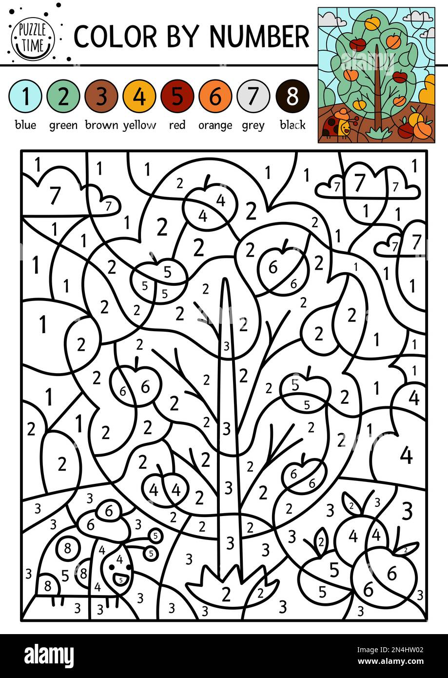 Vector garden color by number activity with apple tree and ladybug in ...