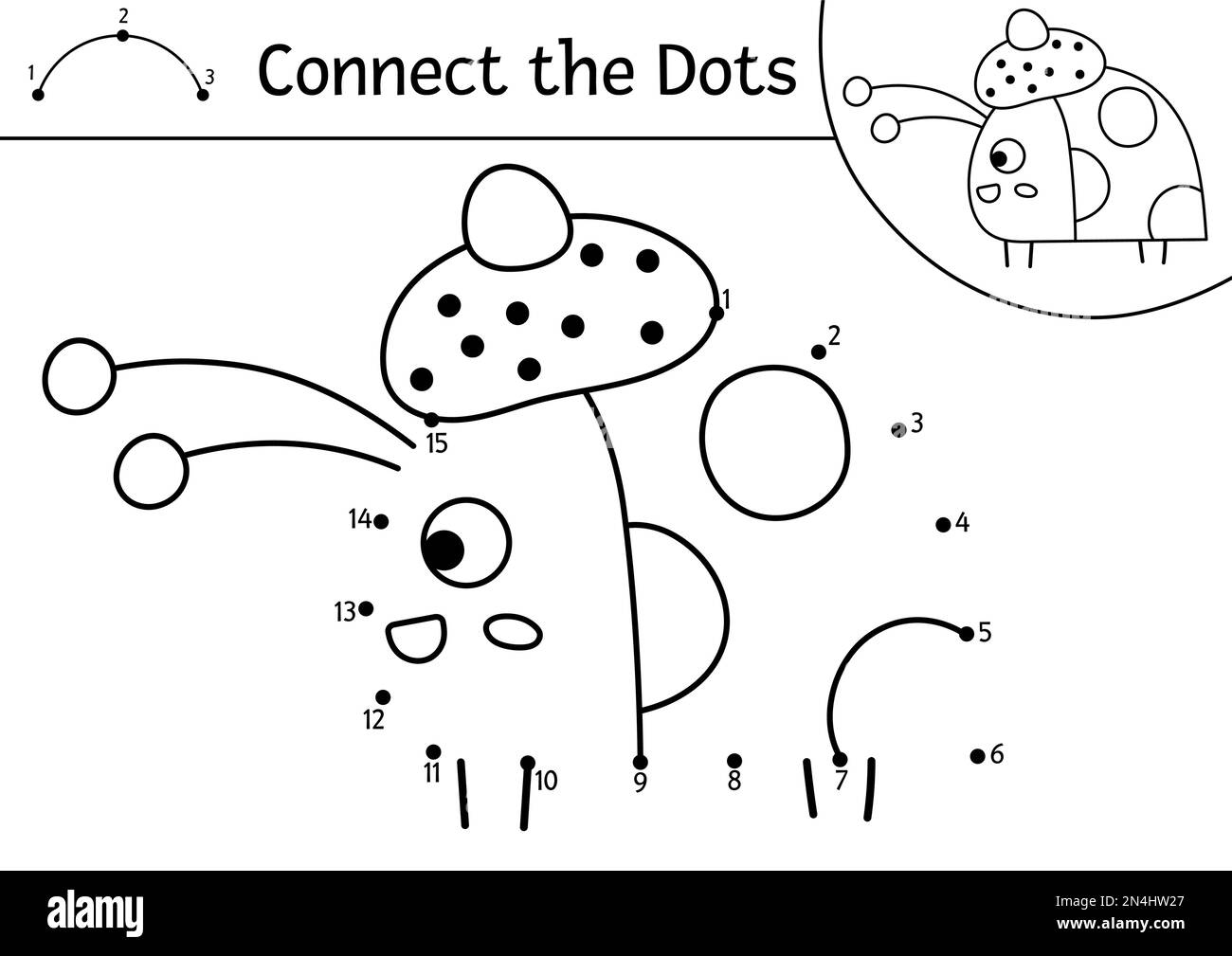 Vector dot-to-dot and color activity with cute ladybird. Forest connect ...
