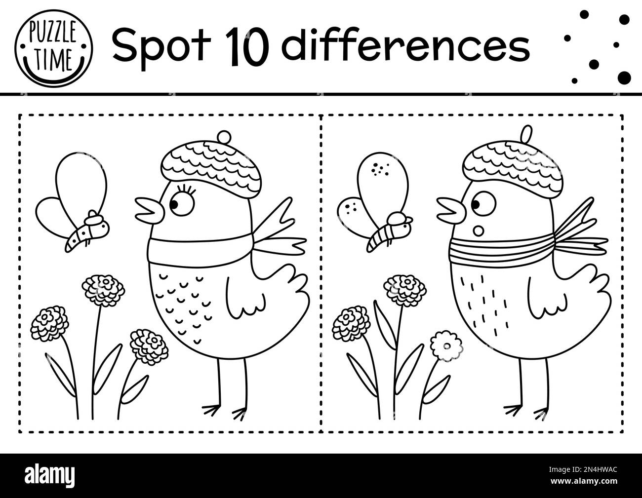 Find differences line game for kids. Black and white Autumn forest ...
