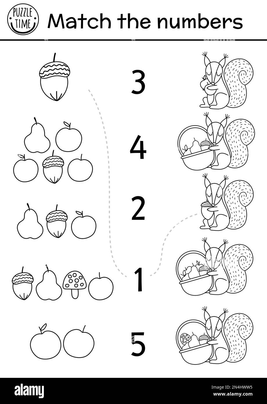 Match the numbers black and white game with squirrel and fruit basket ...