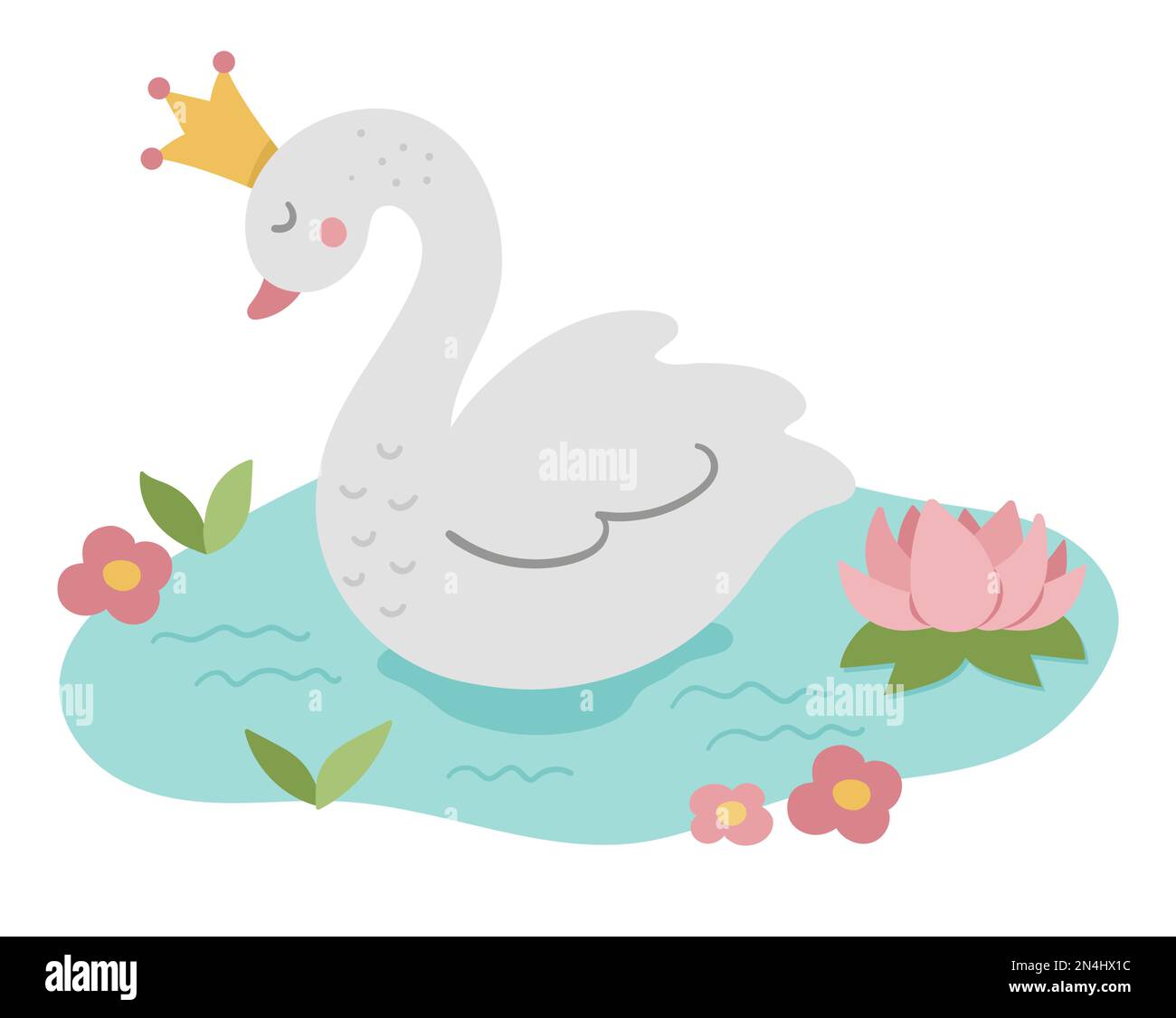 Fairy tale vector swan princess. Fantasy bird in crown in pond with ...