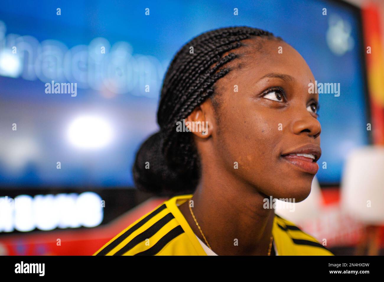 Colombia's football player Linda Caicedo speaks during a press ...