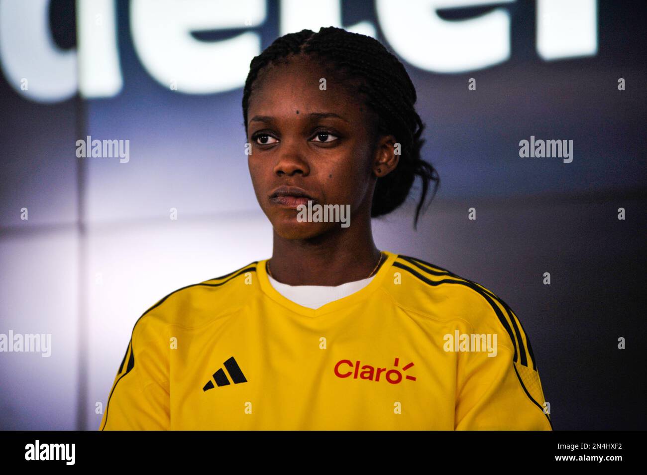 Colombia's football player Linda Caicedo speaks during a press ...