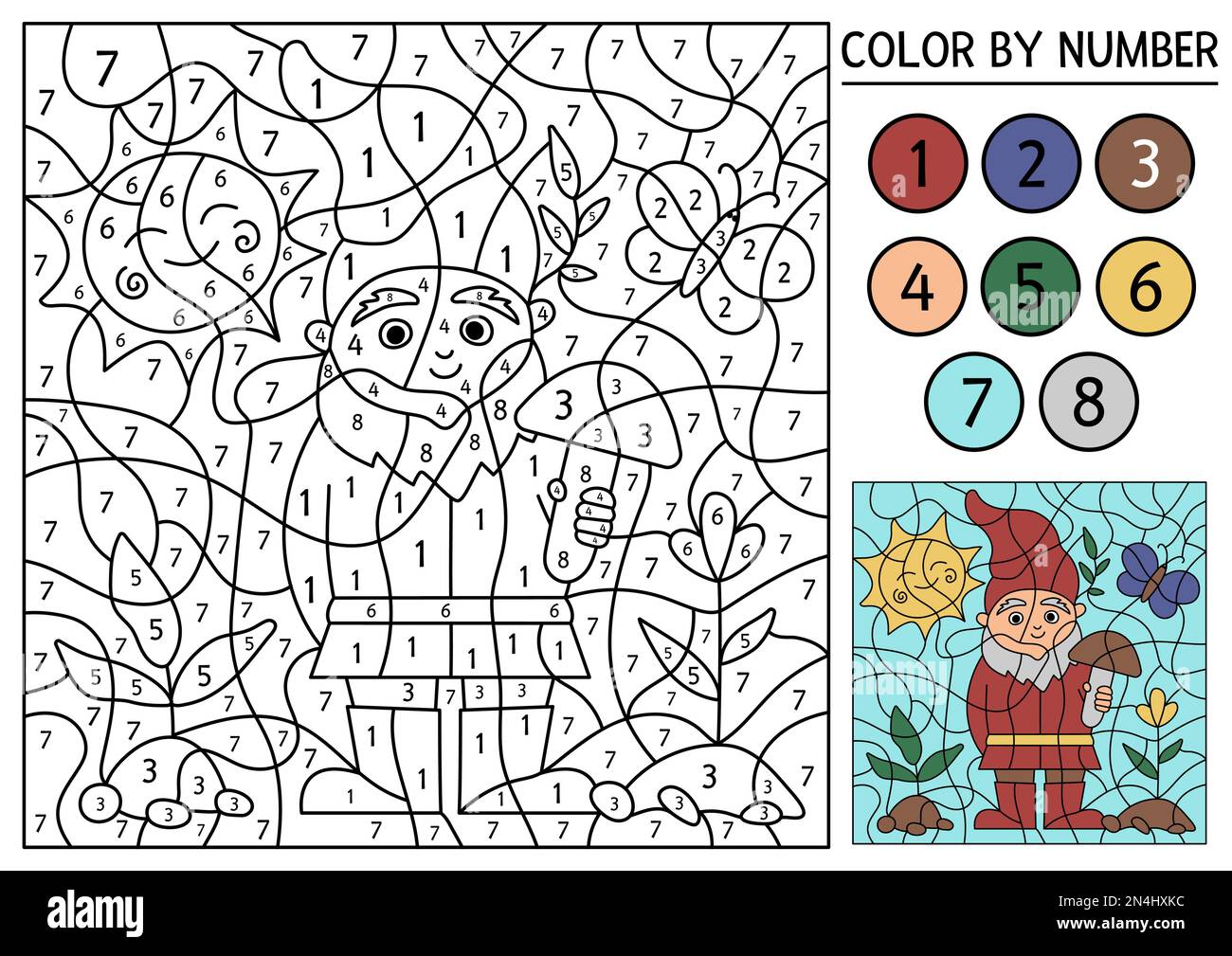 Vector spring color by number activity with gnome, sun, baby plants and ...