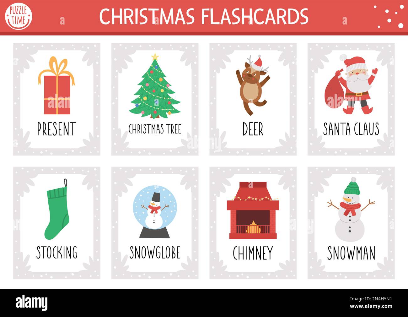 Vector Christmas flash cards set. English language game with cute Santa ...