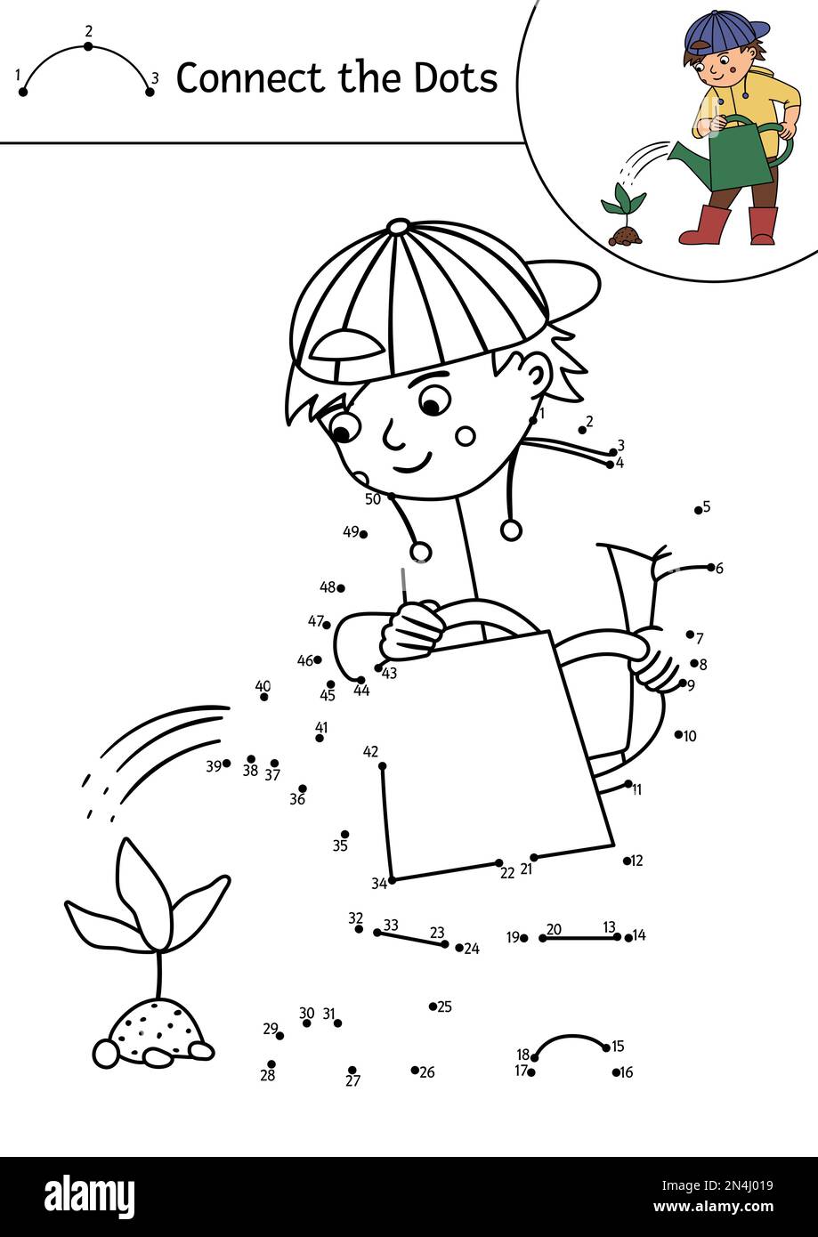 Vector dot-to-dot and color activity with cute boy watering baby plant ...