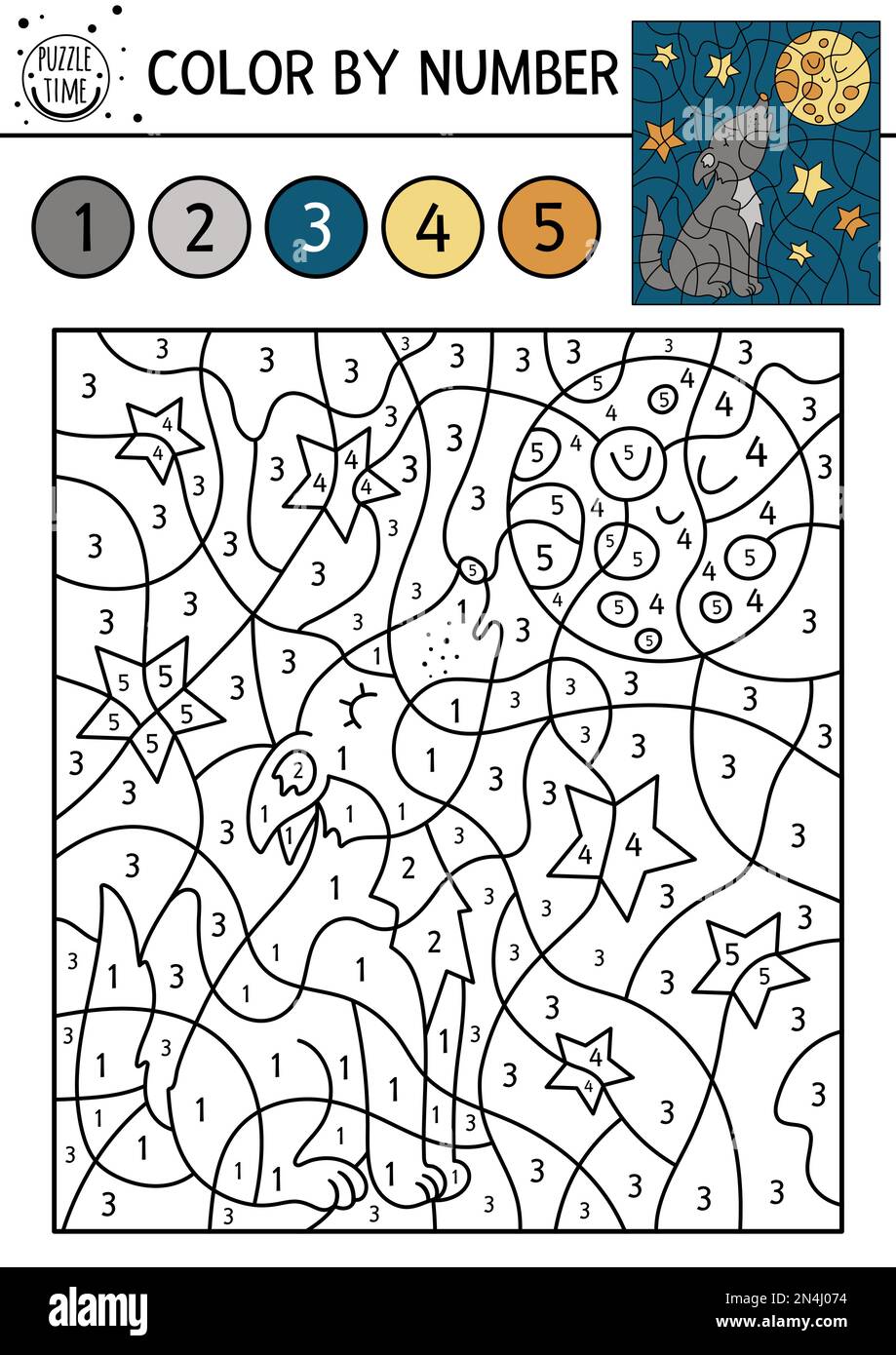 Vector forest color by number activity with wolf howling at the moon ...