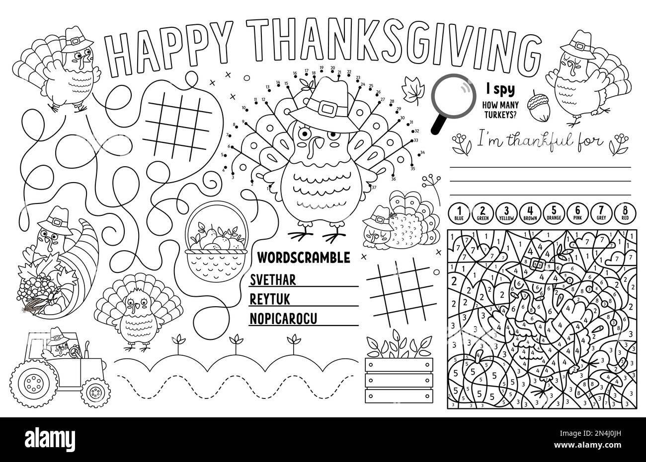 Vector Thanksgiving placemat for kids. Fall holiday printable activity ...