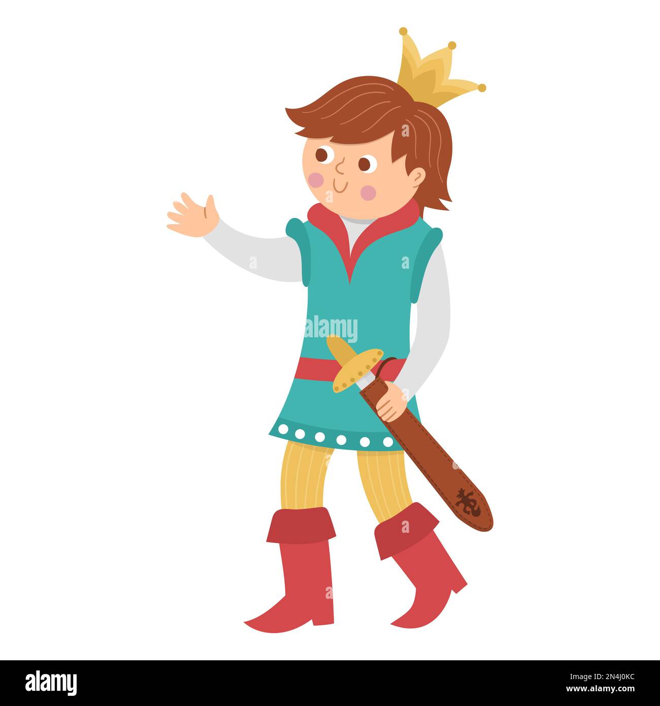 Fairy tale prince with sward isolated on white background. Vector fantasy young monarch in crown ...
