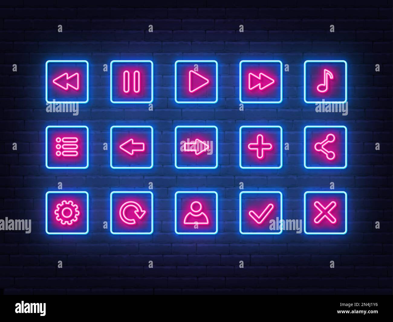 Set of neon icons for games and applications on brick wall background ...