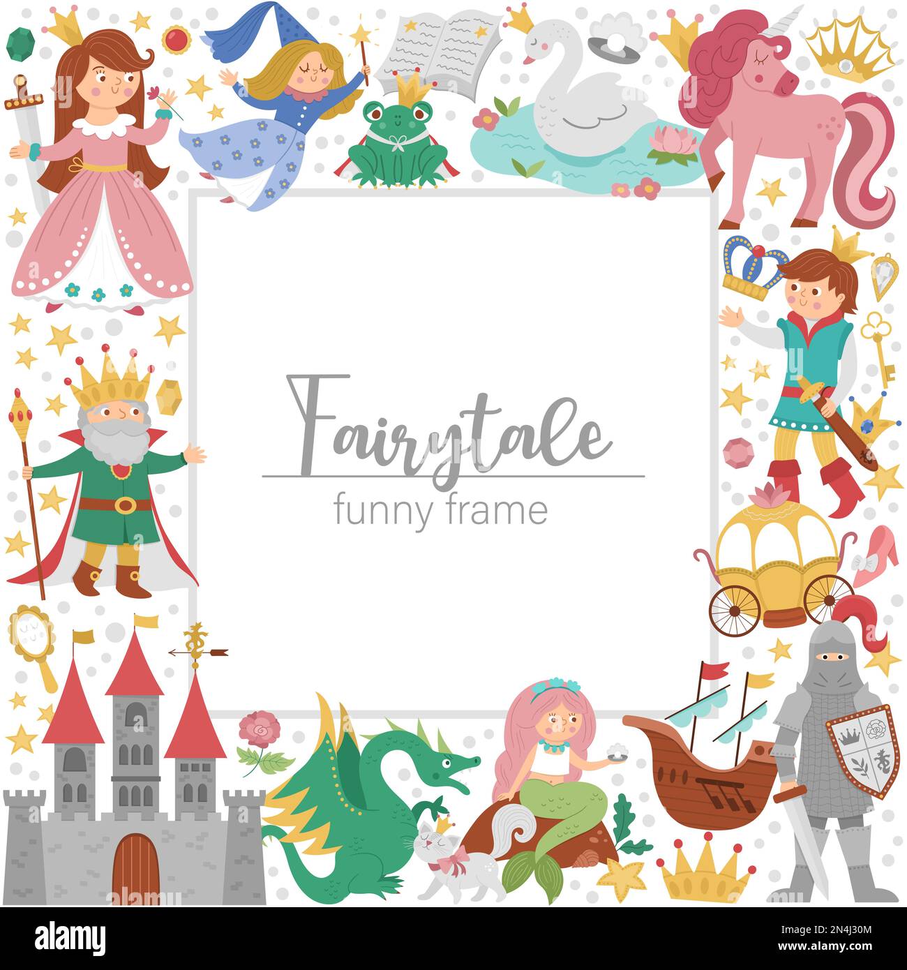 Vector square frame with fairy tale characters, objects. Fairytale card ...