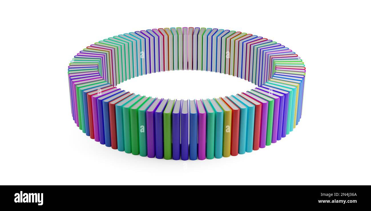 Circle of different spectrum or rainbow colored books over white ...