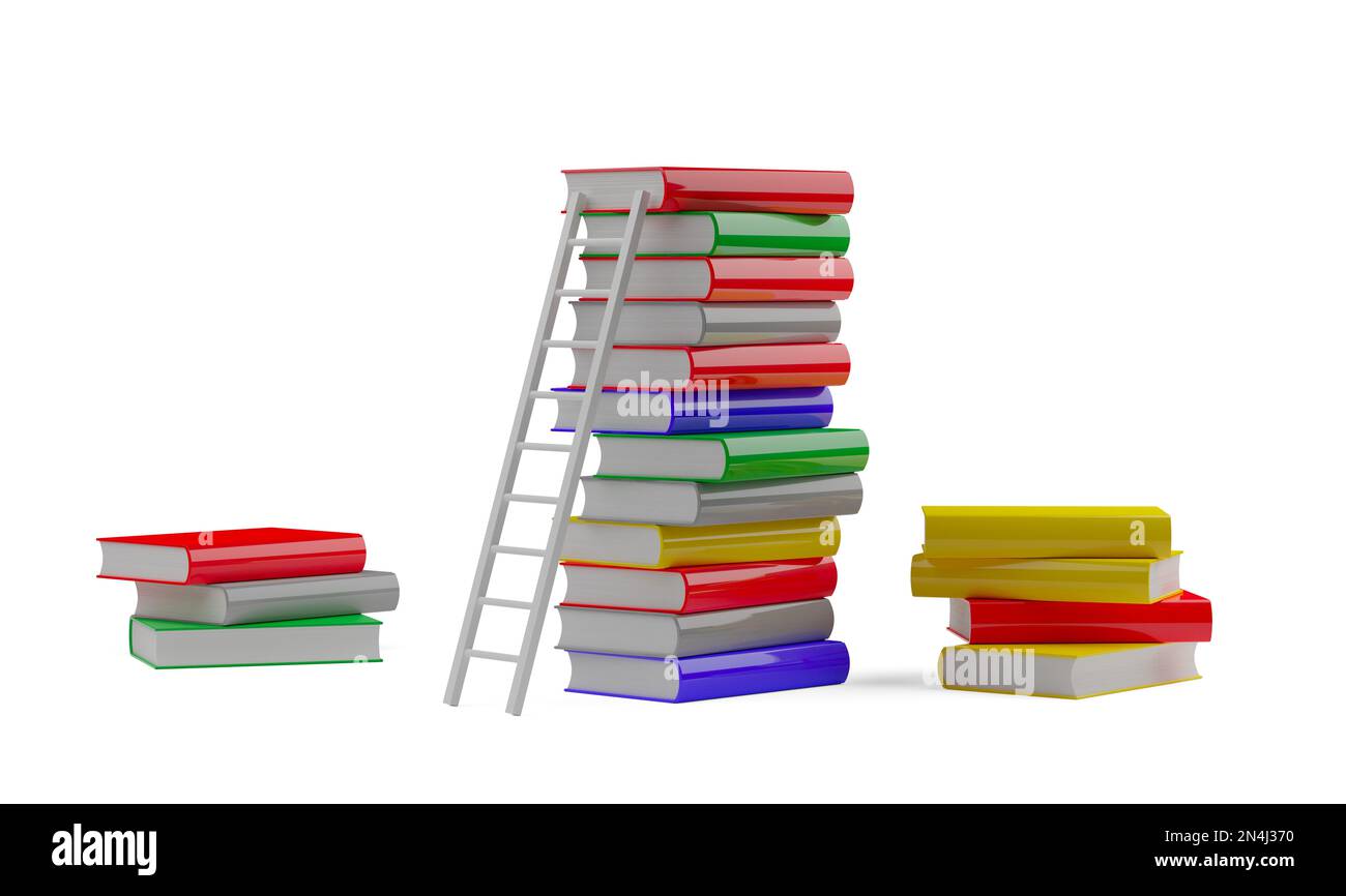 Multiple stacks of hardcover books with ladder to the top over white ...
