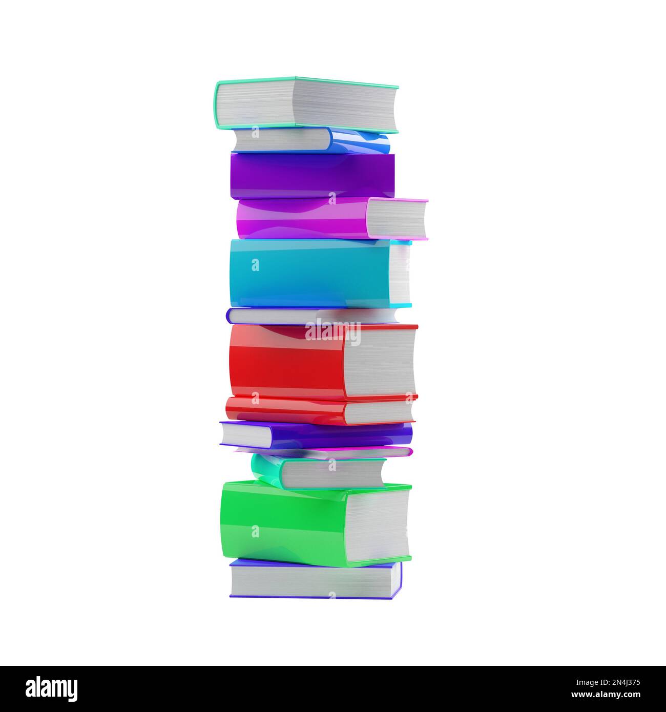Multi colored vertical stack of different sized hardcover books over white background ...