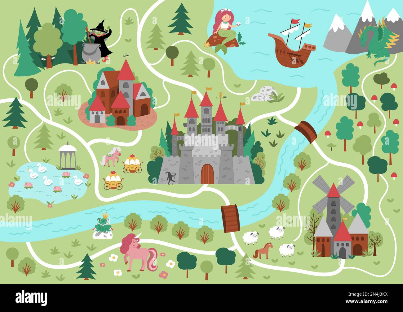 Fairytale kingdom map. Medieval village background. Vector fairy tale ...