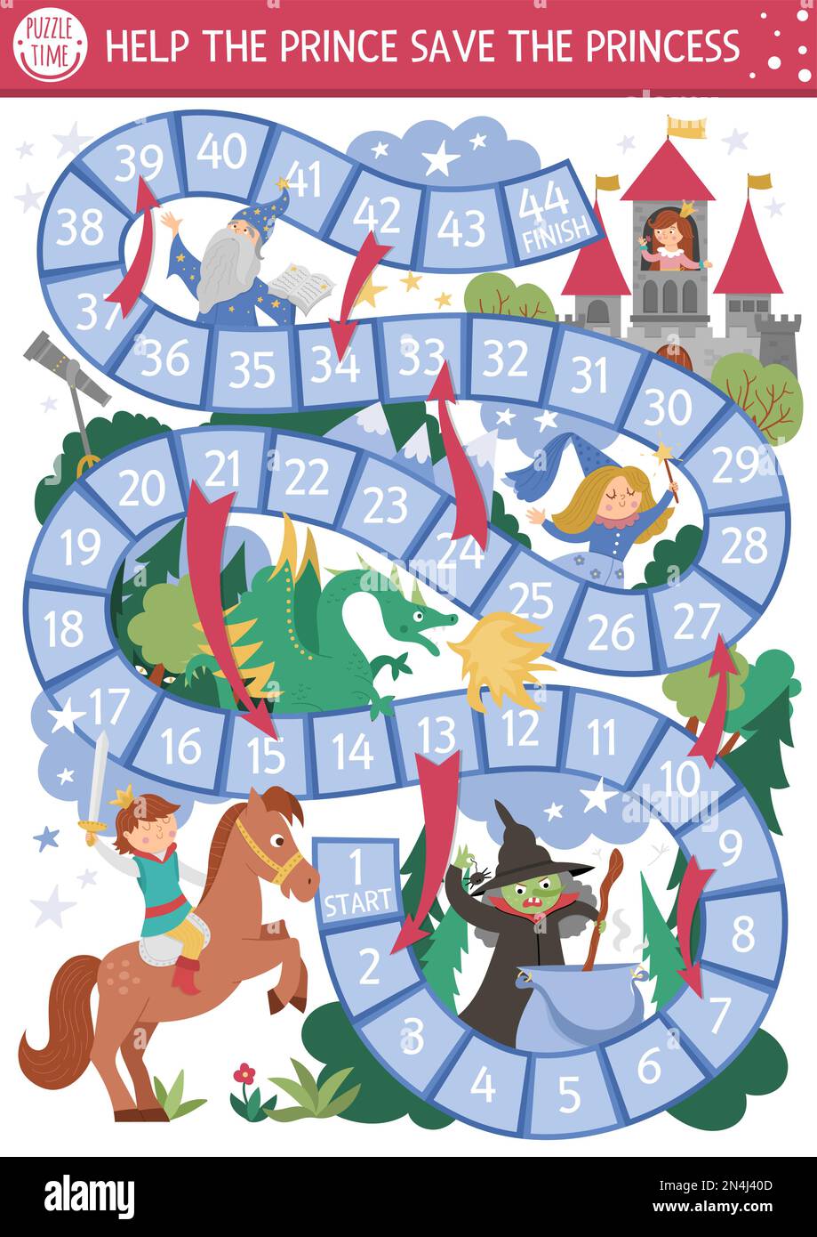 Fairytale dice board game for children with castle, witch, dragon ...