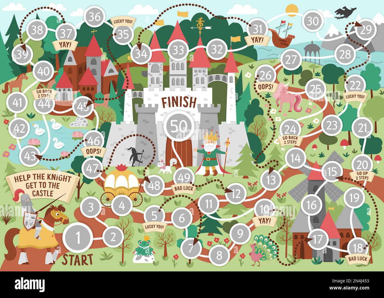 Fairytale dice board game for children with medieval village landscape ...